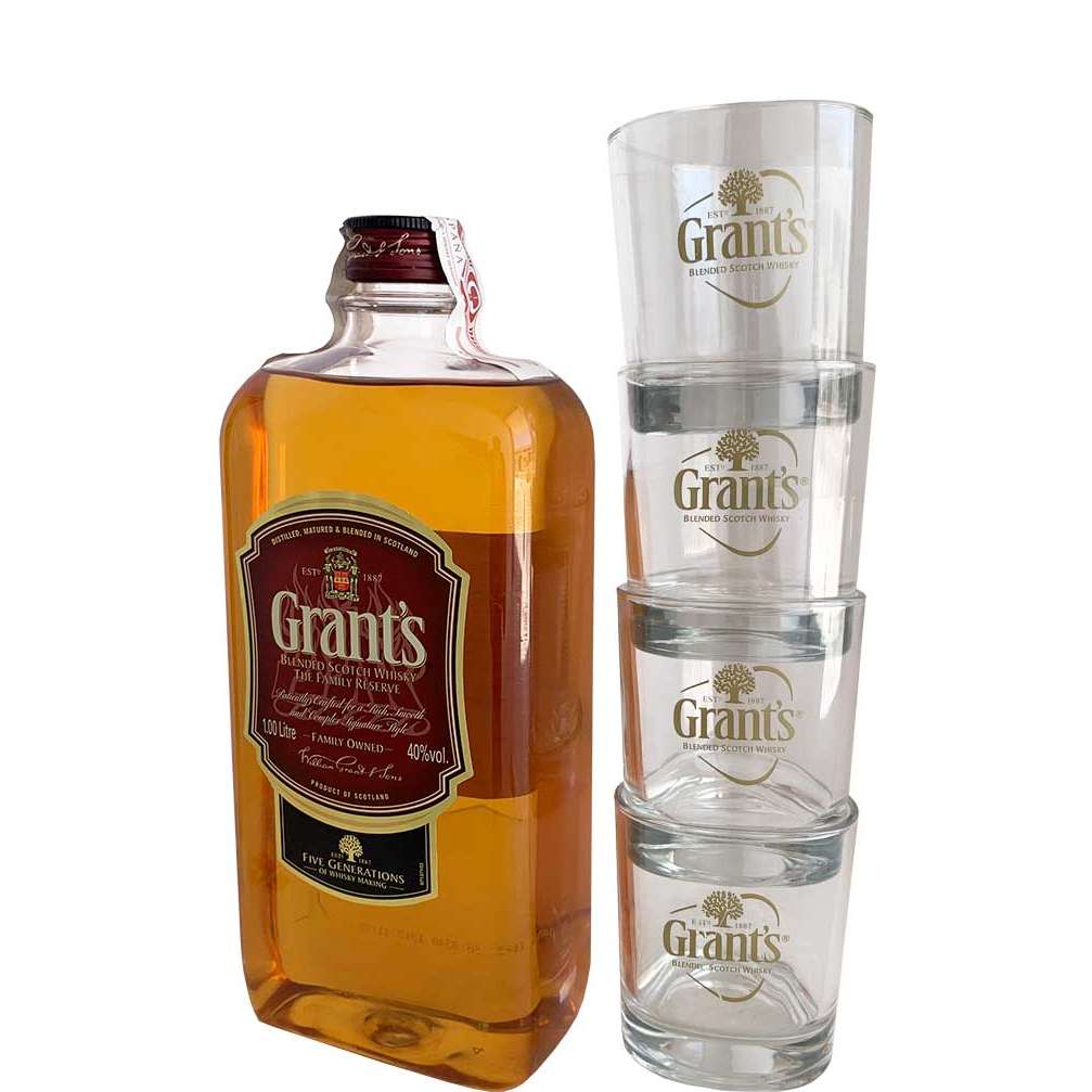 Comprar Whisky Grant's 1 Litro Plástico + 4 Vasos Online - Envío Gratis